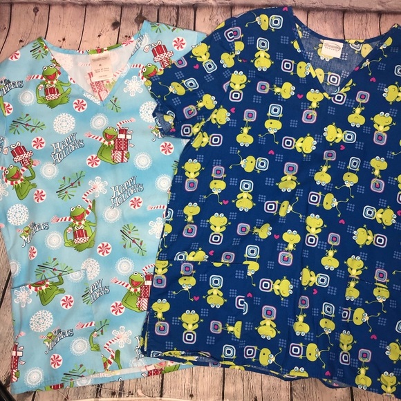 the muppets | Tops | Bundle Lot Of 2 Frog Kermit Print Scrub Tops ...